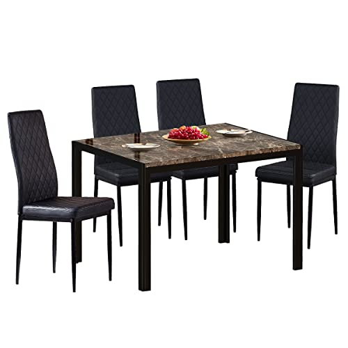 DKLGG Dining Table Set for 4, 5-Piece Kitchen Table Set, Faux Marble Kitchen Table, and 4 PU Leather Upholstered Chairs, Space Saving Dining Room Table Set for Small Spaces, Restaurant