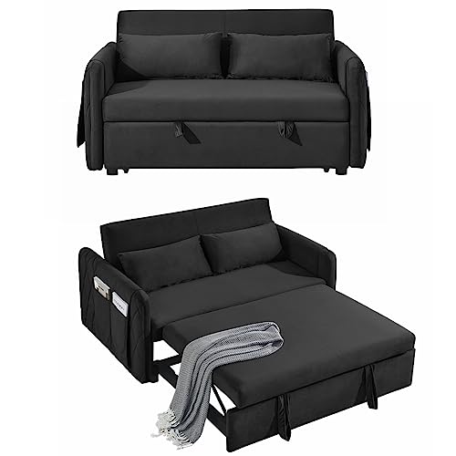 Ucloveria Convertible Sleeper Sofa Bed, Pull Out Couch Bed with 2 Detachable Arm Pockets, Adjustable Velvet Loveseat Futon Sofa Couch for Living Room Bedroom, 55" 2-Seater Lounge Sofa,Black