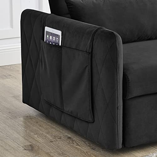 Ucloveria Convertible Sleeper Sofa Bed, Pull Out Couch Bed with 2 Detachable Arm Pockets, Adjustable Velvet Loveseat Futon Sofa Couch for Living Room Bedroom, 55" 2-Seater Lounge Sofa,Black