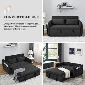 Ucloveria Convertible Sleeper Sofa Bed, Pull Out Couch Bed with 2 Detachable Arm Pockets, Adjustable Velvet Loveseat Futon Sofa Couch for Living Room Bedroom, 55" 2-Seater Lounge Sofa,Black