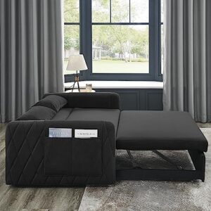 Ucloveria Convertible Sleeper Sofa Bed, Pull Out Couch Bed with 2 Detachable Arm Pockets, Adjustable Velvet Loveseat Futon Sofa Couch for Living Room Bedroom, 55" 2-Seater Lounge Sofa,Black