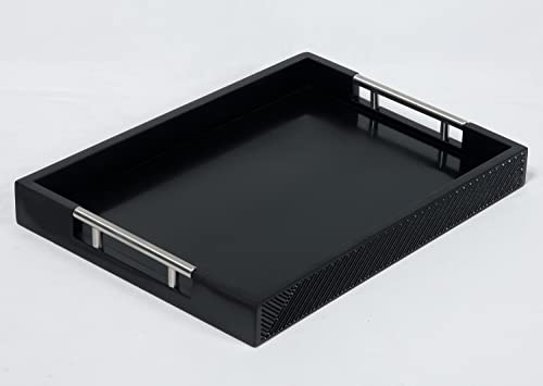 Serving Tray with Polished Metal Handles, 16.5''x12'' Rectangle Coffee Table Tray, Modern Decorative Tray, Large Ottoman Tray, Perfect for Storage and Display (Black)