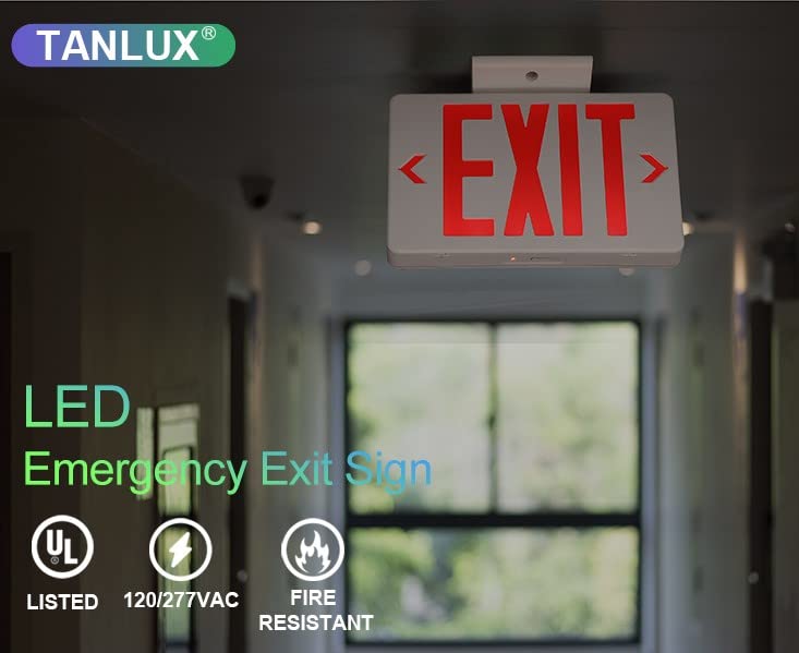 TANLUX Red Exit Sign, LED Emergency Exit Light with Battery Backup, UL Listed, AC 120/277V, Exit Signs with Emergency Lights, Commercial Emergency Lights for Business - 1 Pack