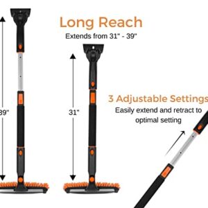 BIRDROCK HOME 39" Extendable Snow Brush with Detachable Ice Scraper for Car | 11" Wide Squeegee & Bristle Head | Size: Car & SUV | Lightweight Aluminum Body with Ergonomic Grip | Windshield Paint Safe