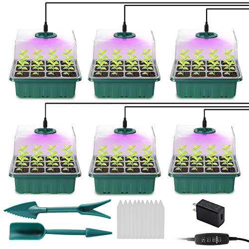 Kirumie Seed Starter Tray with Grow Light, 6Pcs Seed Starter Kit, Seedling Starter Trays with Humidity Domes, Plant Germination Trays with Timing Controller for Greenhouse(12 Cells per Tray)