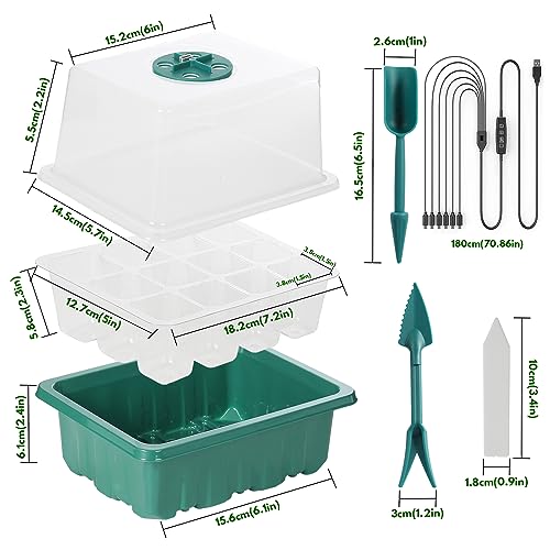 Kirumie Seed Starter Tray with Grow Light, 6Pcs Seed Starter Kit, Seedling Starter Trays with Humidity Domes, Plant Germination Trays with Timing Controller for Greenhouse(12 Cells per Tray)