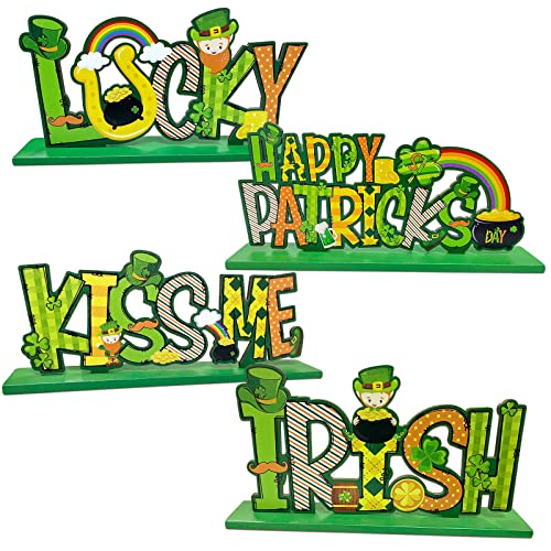 4Pcs St. Patrick's Day Wooden Table Sign Decorations Lucky Shamrock Irish Themed Tabletop Centerpiece Signs for Home Office Party Supplies