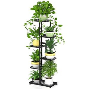 pokipo plant stand for indoor outdoor plants, tall metal plant shelf corner flower stands holders, multiple tiered shelves rack for patio garden living room balcony bedroom (6 tier 7 potted, black)