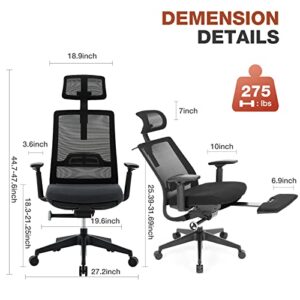 Home Office Desk Chair Ergonomic High Back Office Chair Mesh Office Chair Reclining Computer Chair Swivel Rolling Task Chair with Wheets, Coat Hanger and Adjustable Headrest Armrest, Black