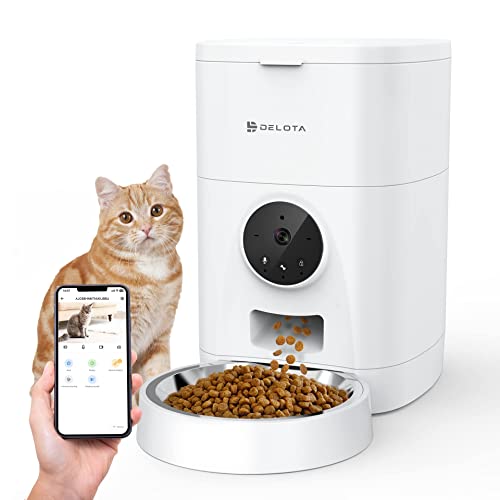 DLT-DELOTA Floodlight Outdoor Home Automatic Cat Feeder with Camera,4L Automatic Cat Feeders with 4MP Camera, 10s Voice Recorder, 2.4G WiFi Cat Feeder Automatic with Smart APP Control and Timer