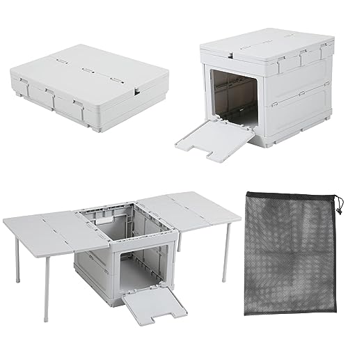 Kirumie Camping Folding Table with Storage Camping Box, Folding Storage Box with Lid, Chuck Box, Camping Storage Box Portable Compartment for Camping, Fishing, Home Party, Picnic, Indoor, 24L, Grey