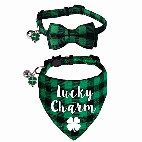 STMK 2 Pack St. Patrick's Day Cat Collar Bandana with Bell, Breakaway Cat Bandana Collars with Bell Charm for St. Patrick's Day Cats Kittens Costumes (St. Patrick's Day Bow Tie & Bandana Collar)