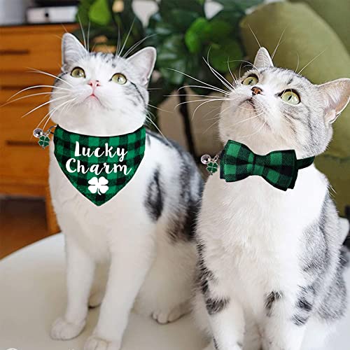 STMK 2 Pack St. Patrick's Day Cat Collar Bandana with Bell, Breakaway Cat Bandana Collars with Bell Charm for St. Patrick's Day Cats Kittens Costumes (St. Patrick's Day Bow Tie & Bandana Collar)