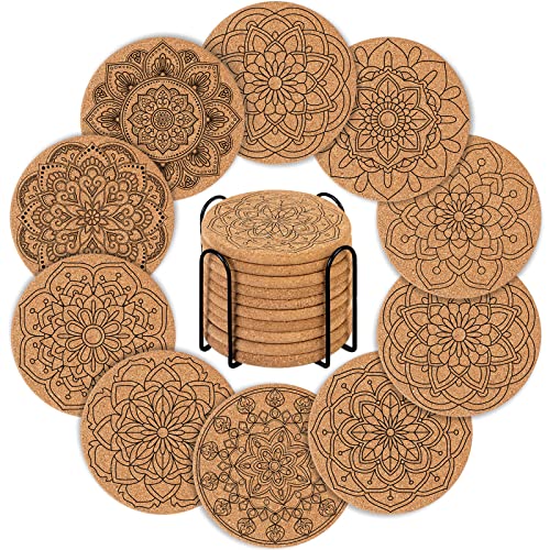 10 Pieces Cork Coasters for Drinks, Billbotk Cup Coasters with Holder for Coffee Table Tabletop Protection, Home Decor, Suitable for Cups, Mugs, Drinks