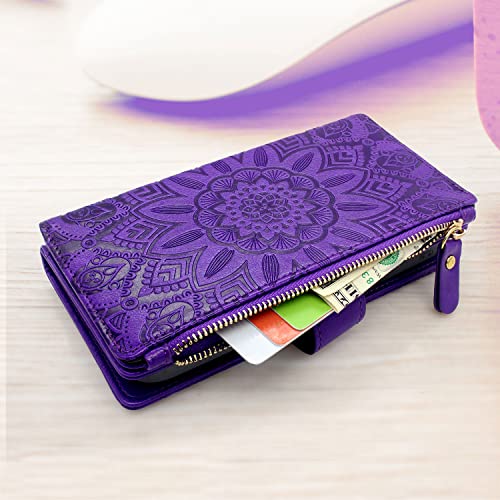 Harryshell Detachable Magnetic Zipper Wallet Leather Case with Cash Coin Pocket 12 Card Slots Holder Wrist Strap Lanyard for Samsung Galaxy S23 Ultra 5G (2023) (Flower Purple)