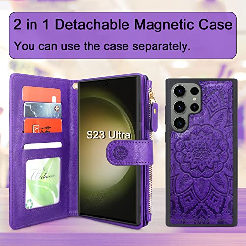 Harryshell Detachable Magnetic Zipper Wallet Leather Case with Cash Coin Pocket 12 Card Slots Holder Wrist Strap Lanyard for Samsung Galaxy S23 Ultra 5G (2023) (Flower Purple)