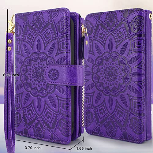 Harryshell Detachable Magnetic Zipper Wallet Leather Case with Cash Coin Pocket 12 Card Slots Holder Wrist Strap Lanyard for Samsung Galaxy S23 Ultra 5G (2023) (Flower Purple)