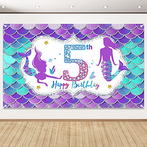 Mermaid 5th Birthday Banner Decorations for Girls, Little Mermaid Themed Happy 5 Year Old Birthday Background Sign Party Supplies, Under The Sea Five Bday Poster Decor for Outdoor Indoor