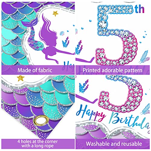 Mermaid 5th Birthday Banner Decorations for Girls, Little Mermaid Themed Happy 5 Year Old Birthday Background Sign Party Supplies, Under The Sea Five Bday Poster Decor for Outdoor Indoor