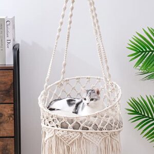 mewoofun macrame cat hammock, hanging cat bed hammock cat swing for indoor cats, boho cat swing bed for sleeping, playing, climbing, and lounging (beige)