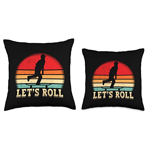 Retro Skateboarder Apparel Funny Let's Roll Skateboard Lover Throw Pillow, 16x16, Multicolor