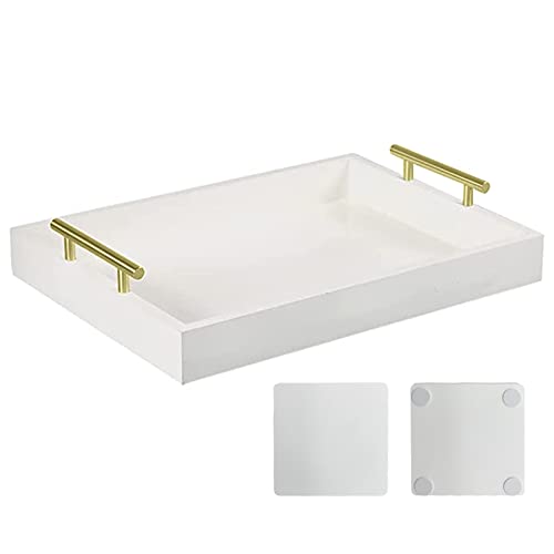 Simoei Serving Tray, Deluxe Tray for Coffee Table with Polished Gold Metal Handles and 2 Coasters, Living Room Bathroom Organizer Modern Decorative Tray, for Storage Or Display (White)