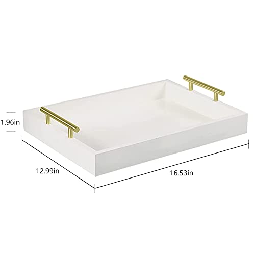 Simoei Serving Tray, Deluxe Tray for Coffee Table with Polished Gold Metal Handles and 2 Coasters, Living Room Bathroom Organizer Modern Decorative Tray, for Storage Or Display (White)