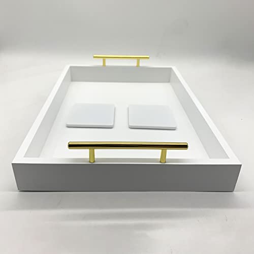 Simoei Serving Tray, Deluxe Tray for Coffee Table with Polished Gold Metal Handles and 2 Coasters, Living Room Bathroom Organizer Modern Decorative Tray, for Storage Or Display (White)