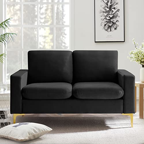 FREEHOMAE Velvet Loveseat with Gold Metal Legs & Square Armrest Small Couch Sofa for Limited Space, Modern 2- Seat Sofa for Apartment (Black)