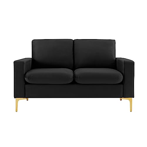 FREEHOMAE Velvet Loveseat with Gold Metal Legs & Square Armrest Small Couch Sofa for Limited Space, Modern 2- Seat Sofa for Apartment (Black)