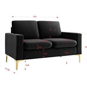 FREEHOMAE Velvet Loveseat with Gold Metal Legs & Square Armrest Small Couch Sofa for Limited Space, Modern 2- Seat Sofa for Apartment (Black)