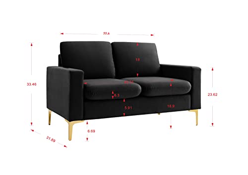 FREEHOMAE Velvet Loveseat with Gold Metal Legs & Square Armrest Small Couch Sofa for Limited Space, Modern 2- Seat Sofa for Apartment (Black)