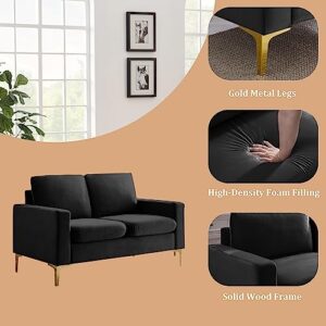 FREEHOMAE Velvet Loveseat with Gold Metal Legs & Square Armrest Small Couch Sofa for Limited Space, Modern 2- Seat Sofa for Apartment (Black)