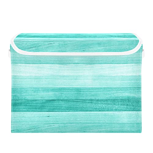 Turquoise Wood Print Storage Basket 16.5x12.6x11.8 In Collapsible Fabric Storage Cubes Organizer Large Storage Bin with Lids and Handles for Shelves Bedroom Closet Office