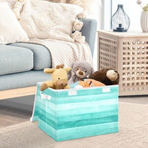 Turquoise Wood Print Storage Basket 16.5x12.6x11.8 In Collapsible Fabric Storage Cubes Organizer Large Storage Bin with Lids and Handles for Shelves Bedroom Closet Office