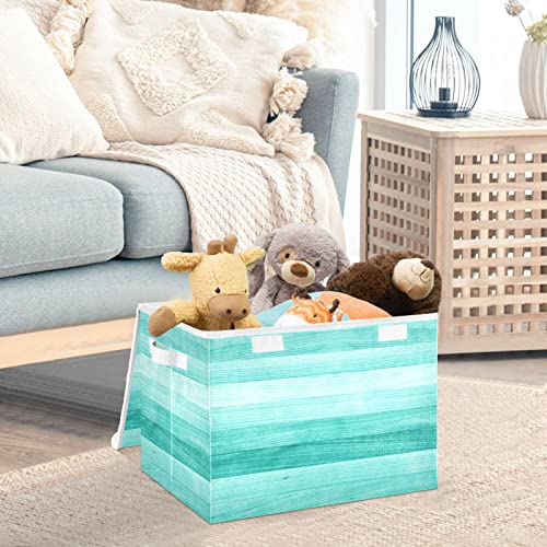 Turquoise Wood Print Storage Basket 16.5x12.6x11.8 In Collapsible Fabric Storage Cubes Organizer Large Storage Bin with Lids and Handles for Shelves Bedroom Closet Office