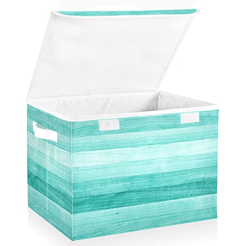 Turquoise Wood Print Storage Basket 16.5x12.6x11.8 In Collapsible Fabric Storage Cubes Organizer Large Storage Bin with Lids and Handles for Shelves Bedroom Closet Office