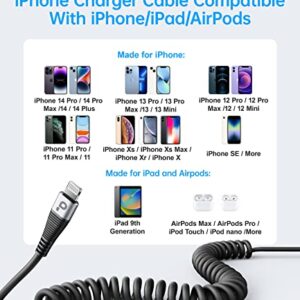 Coiled Lightning Cable 3ft, 2 Pack iPhone Charger Cable for Car, [Apple MFi Certified] Short Retractable Charging Cord Compatible with iPhone 14/13/12/11 Pro Max/XS MAX/XR/XS/8/iPad/iPod/CarPlay