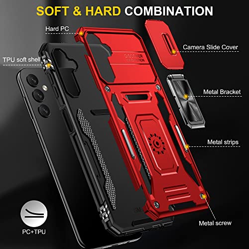 Samsung A14 5G Case, Galaxy A14 5G Case with HD Screen Protector, Androgate Military-Grade Metal Ring Holder Kickstand 15ft Drop Tested Shockproof Cover Case for Samsung Galaxy A14 5G Red