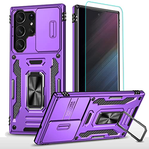 Samsung S23 Ultra Case, Galaxy S23 Ultra Case, with HD Screen Protector, Military-Grade Metal Ring Holder Kickstand 15ft Drop Tested Shockproof Cover Case for Samsung Galaxy S23 Ultra Purple