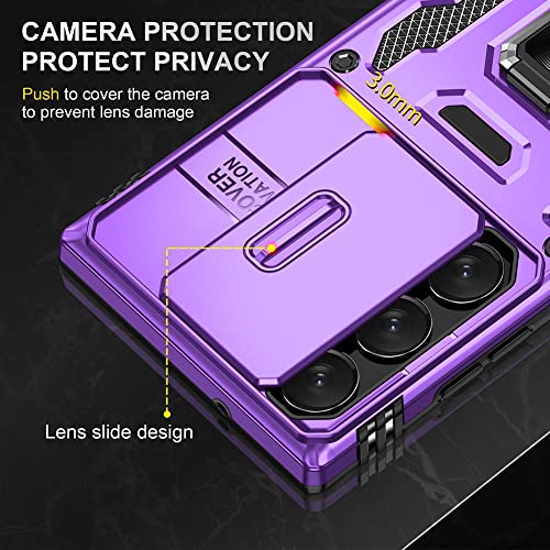 Samsung S23 Ultra Case, Galaxy S23 Ultra Case, with HD Screen Protector, Military-Grade Metal Ring Holder Kickstand 15ft Drop Tested Shockproof Cover Case for Samsung Galaxy S23 Ultra Purple