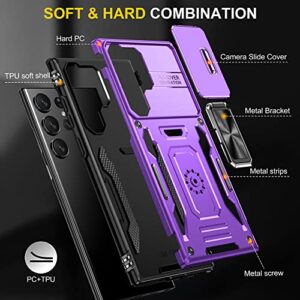 Samsung S23 Ultra Case, Galaxy S23 Ultra Case, with HD Screen Protector, Military-Grade Metal Ring Holder Kickstand 15ft Drop Tested Shockproof Cover Case for Samsung Galaxy S23 Ultra Purple