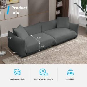 Mjkone Modern Sofa Couch, 89" W Lambswool Couches with Metal Legs, Modular Loveseat Sofa Has Thick Cushion, Mid-Century Sofas for Living Room/Bedroom/Small Spaces/Office(Dark Grey)