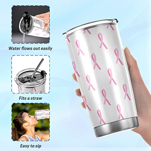 20oz Tumbler Bottle with Lid and Straw Pink Ribbon Pattern National Breast Insulated Coffee Ice Cup Vacuum Stainless Steel Shaker Bottle Travel Mug Water Cup Gifts