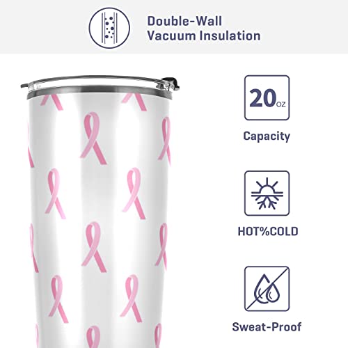 20oz Tumbler Bottle with Lid and Straw Pink Ribbon Pattern National Breast Insulated Coffee Ice Cup Vacuum Stainless Steel Shaker Bottle Travel Mug Water Cup Gifts