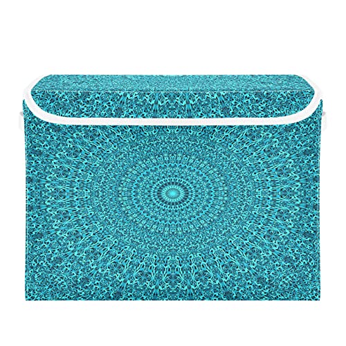 DOMIKING Teal Mandala Large Storage Bin with Lid Collapsible Shelf Baskets Box with Handles empty gift basket for Bedroom Living Room Kid's Room