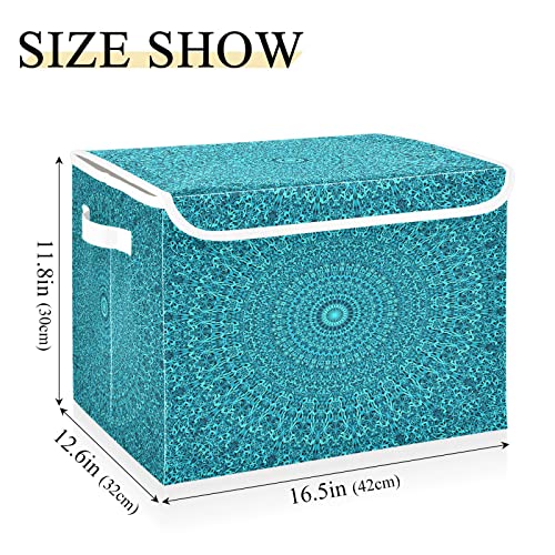 DOMIKING Teal Mandala Large Storage Bin with Lid Collapsible Shelf Baskets Box with Handles empty gift basket for Bedroom Living Room Kid's Room