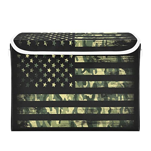 DOMIKING American Flag Green Camo Large Storage Bin with Lid Collapsible Shelf Baskets Box with Handles Organizing Container for Bedroom Living Room Kid's Room