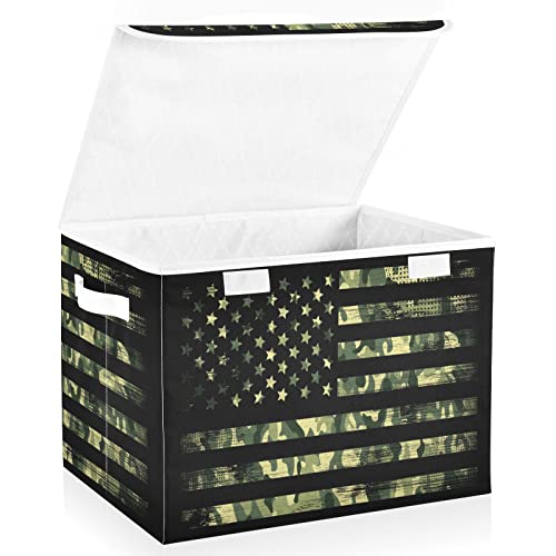 DOMIKING American Flag Green Camo Large Storage Bin with Lid Collapsible Shelf Baskets Box with Handles Organizing Container for Bedroom Living Room Kid's Room