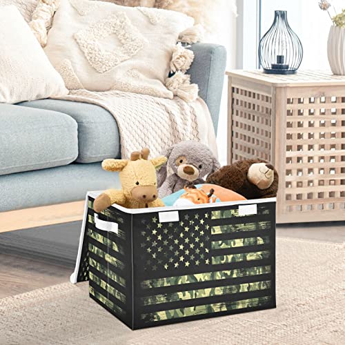 DOMIKING American Flag Green Camo Large Storage Bin with Lid Collapsible Shelf Baskets Box with Handles Organizing Container for Bedroom Living Room Kid's Room